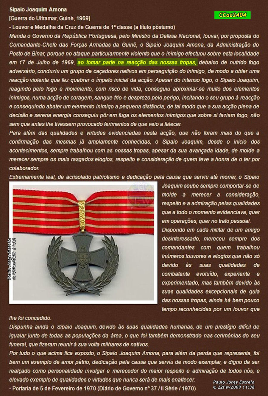 HONRA E GLÓRIA: Sipaio Joaquim Amona - Medalha da Cruz de Guerra, de 1 ...